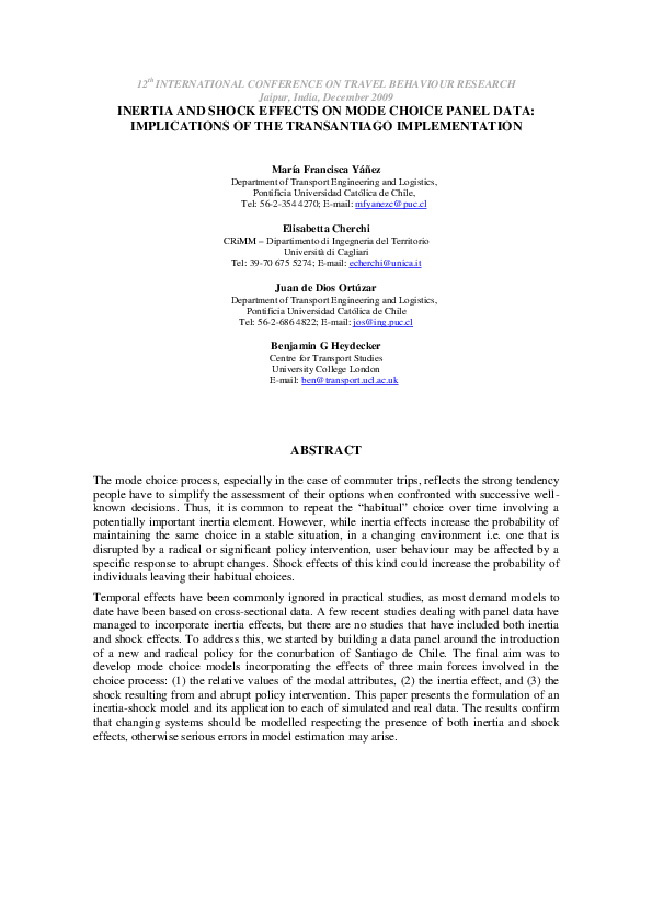 (PDF) INERTIA AND SHOCK EFFECTS ON MODE CHOICE PANEL DATA: IMPLICATIONS ...