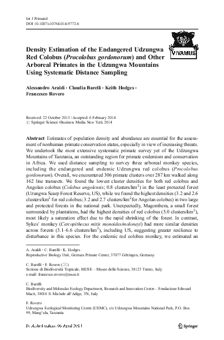 (PDF) Density Estimation of the Endangered Udzungwa Red Colobus ...