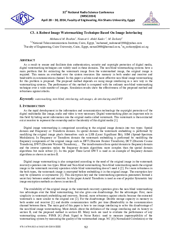 (PDF) A Robust Image Watermarking Technique Based On Image Interlacing