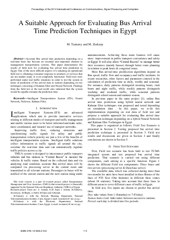 (PDF) A Suitable Approach for Evaluating Bus Arrival Time Prediction Techniques in Egypt