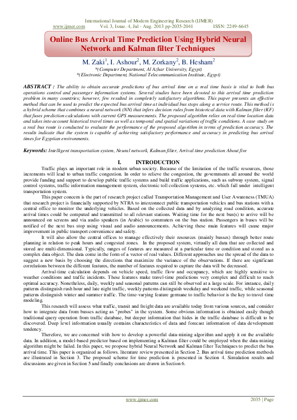 Pdf Online Bus Arrival Time Prediction Using Hybrid Neural Network And Kalman Filter Techniques 