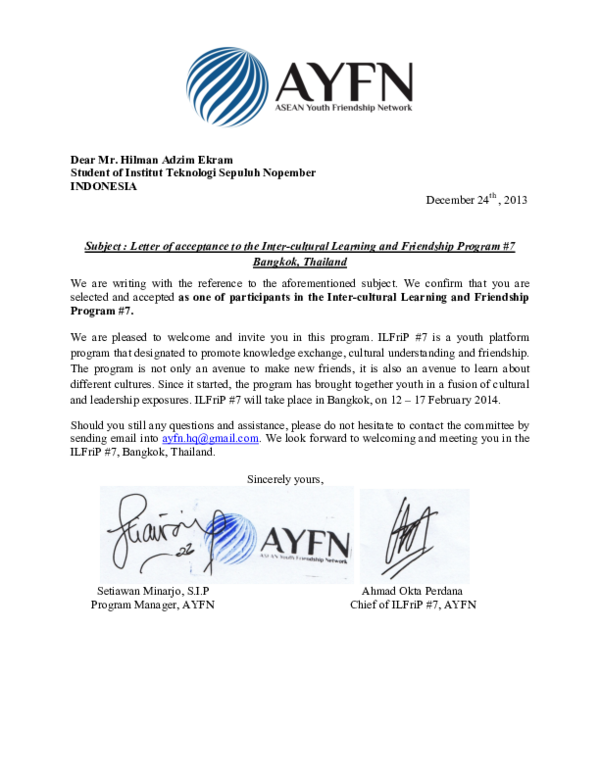 Letter Of Acceptance program ILFRIP#7 Thailand