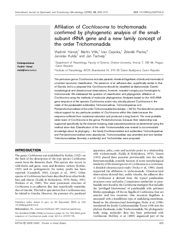 (PDF) Affiliation of Cochlosoma to trichomonads confirmed by ...