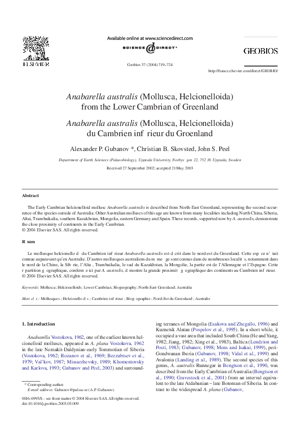 Anabarella australis (Mollusca, Helcionelloida) from the Lower Cambrian ...