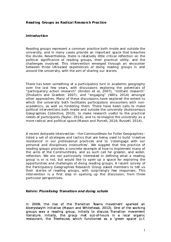 (DOC) Reading Groups as Radical Research Practice