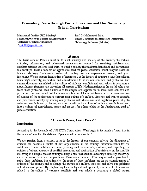 (DOC) Promoting Peace through Peace Education and Our Secondary School ...