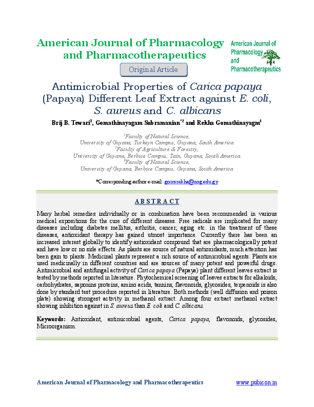 (PDF) Antimicrobial Properties of Carica papaya (Papaya) Different Leaf Extract against E. coli ...