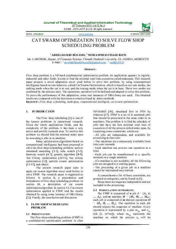 Pdf Cat Swarm Optimization To Solve Flow Shop Scheduling Problem