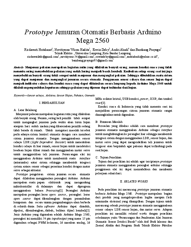 Pdf Prototype Jemuran Otomatis Berbasis Arduino Mega 2560
