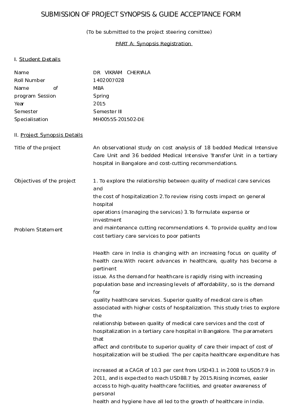 (DOC) SUBMISSION OF PROJECT SYNOPSIS & GUIDE ACCEPTANCE FORM Title of the project Objectives of ...