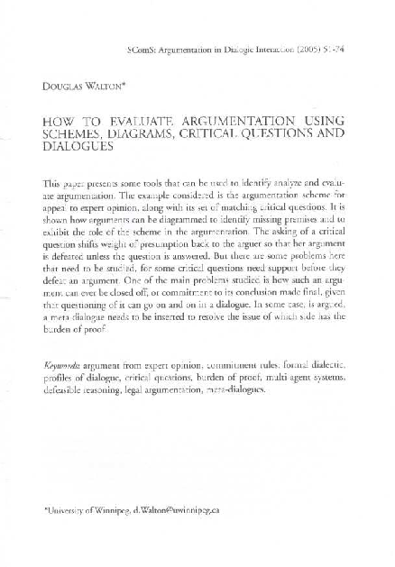 (PDF) How to Evaluate Argumentation Using Schemes, Diagrams, Critical Questions and Dialogues