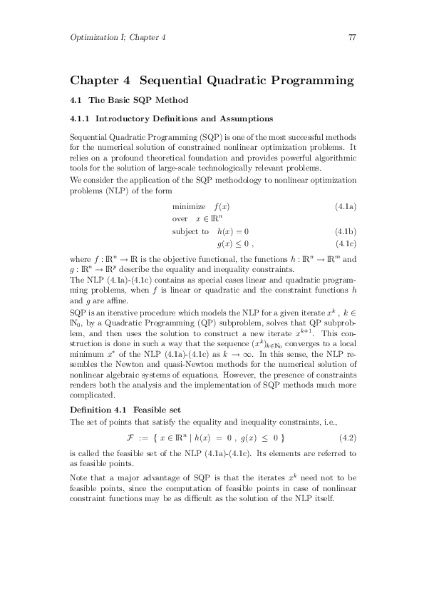 (PDF) Optimization I; Chapter 4 Chapter 4 Sequential Quadratic Programming 4.1 The Basic SQP ...