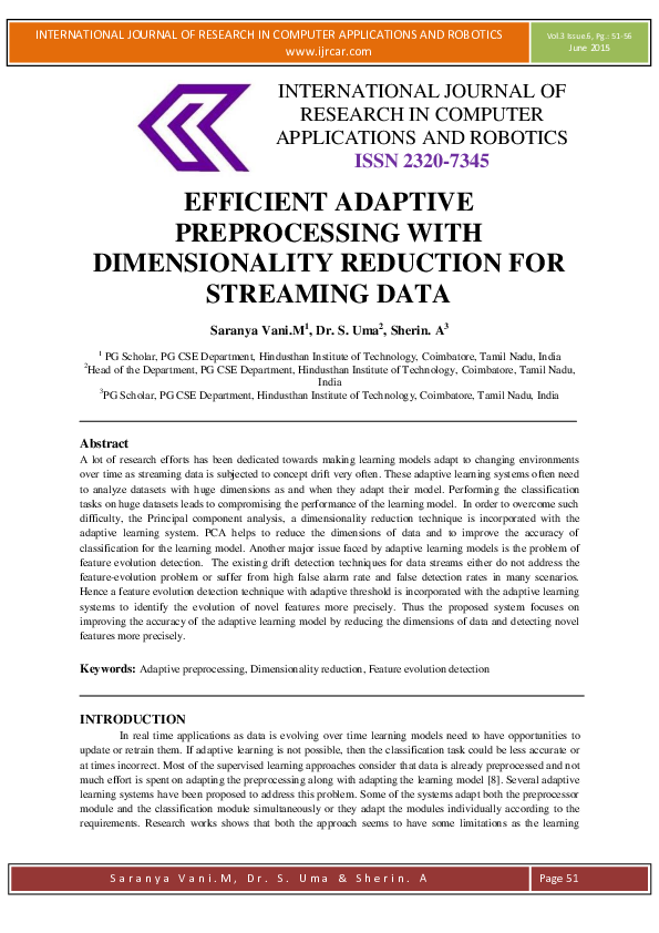 Pdf Efficient Adaptive Preprocessing With Dimensionality Reduction For Streaming Data