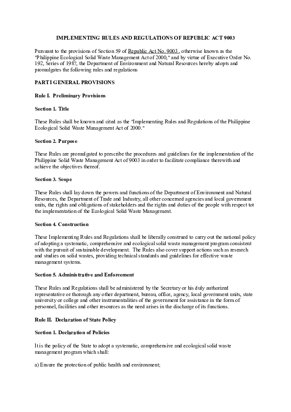 (DOC) IMPLEMENTING RULES AND REGULATIONS OF REPUBLIC ACT 9003