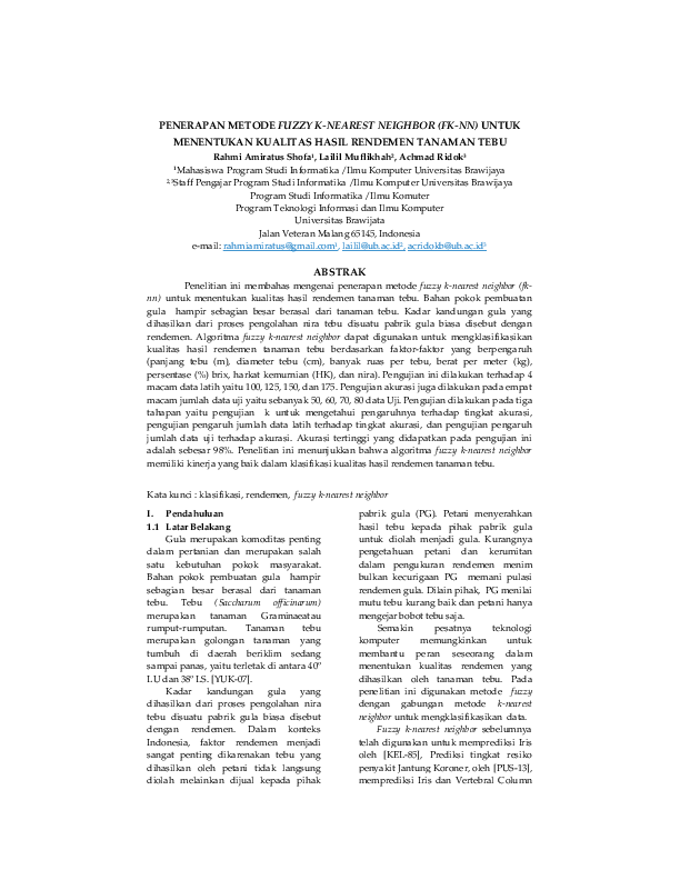 (PDF) PENERAPAN METODE FUZZY K-NEAREST NEIGHBOR (FK-NN) UNTUK MENENTUKAN KUALITAS HASIL RENDEMEN ...