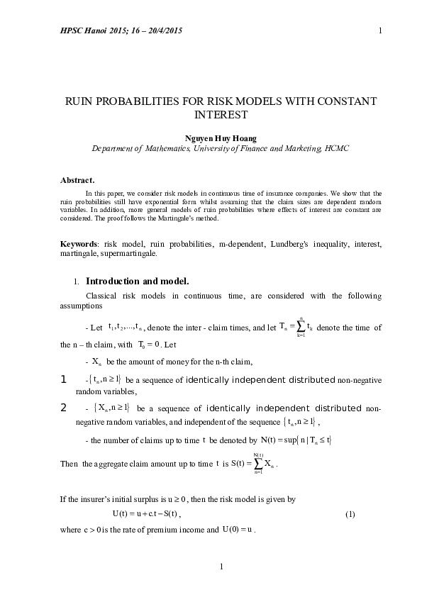 (DOC) RUIN PROBABILITIES FOR RISK MODELS WITH CONSTANT INTEREST