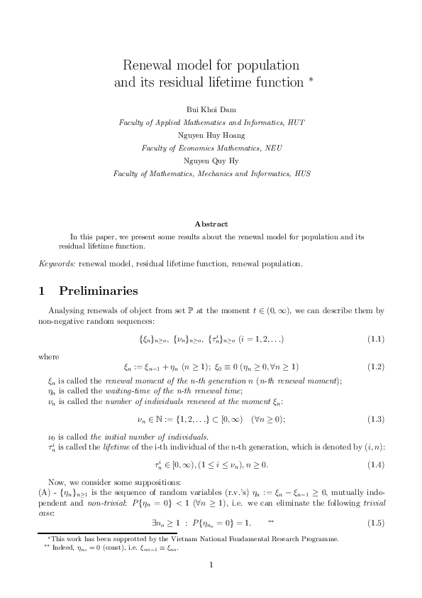 (PDF) Renewal Model for population and its residual lifetime function
