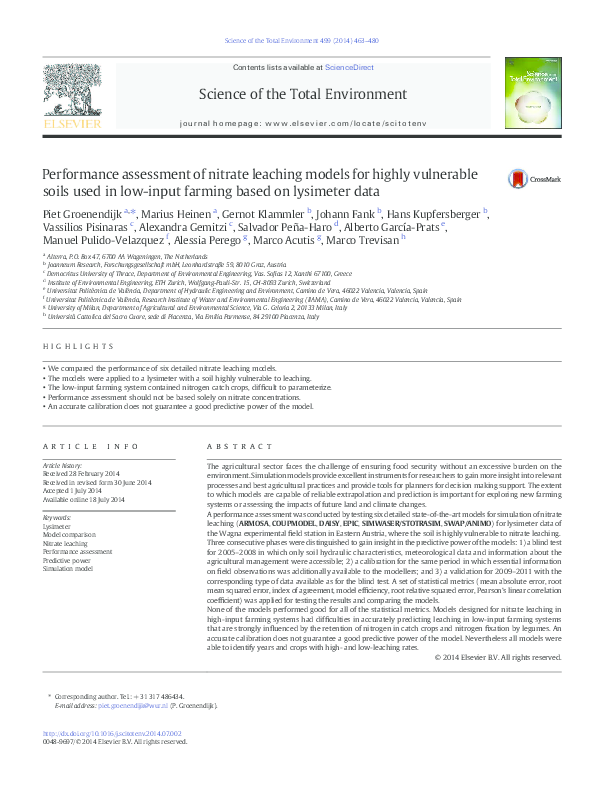 (PDF) Performance assessment of nitrate leaching models for highly ...