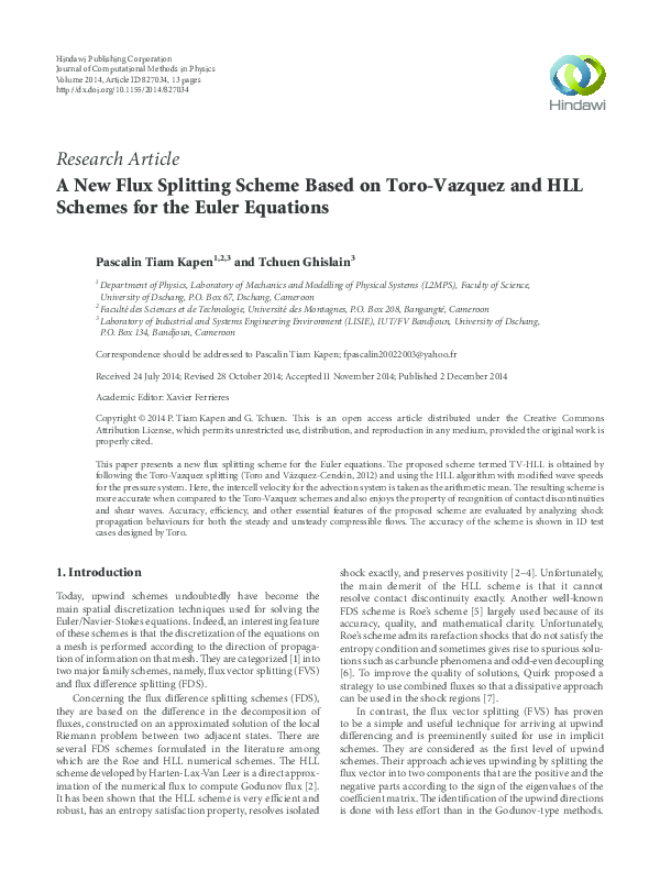 Pdf A New Flux Splitting Scheme Based On Toro Vazquez And Hll Schemes For The Euler Equations