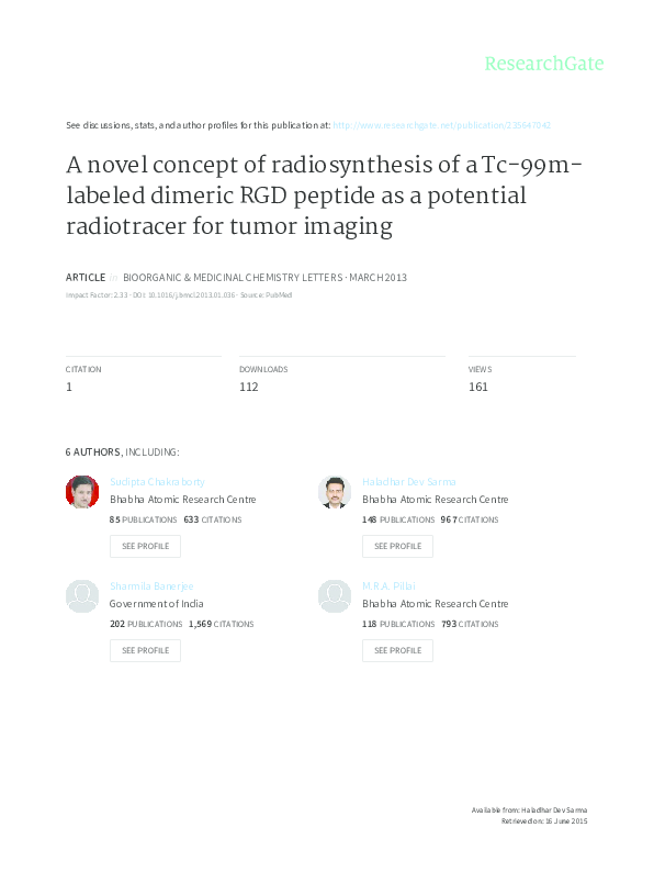 (PDF) A novel concept of radiosynthesis of a 99mTc-labeled dimeric RGD peptide as a potential ...