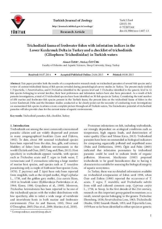 (PDF) Trichodinid fauna of freshwater fishes with infestation indices ...