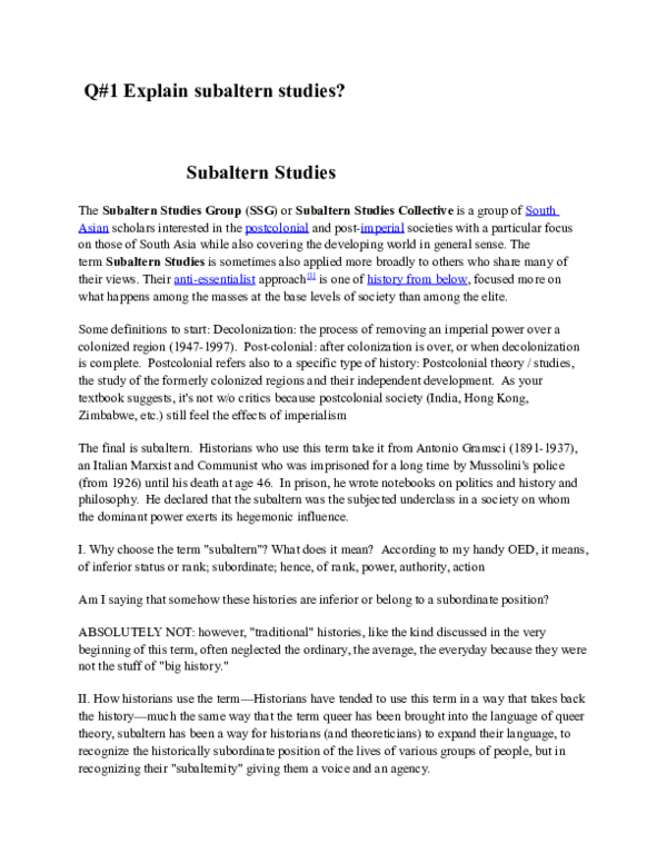 (DOC) Q#1 Explain subaltern studies? Subaltern Studies