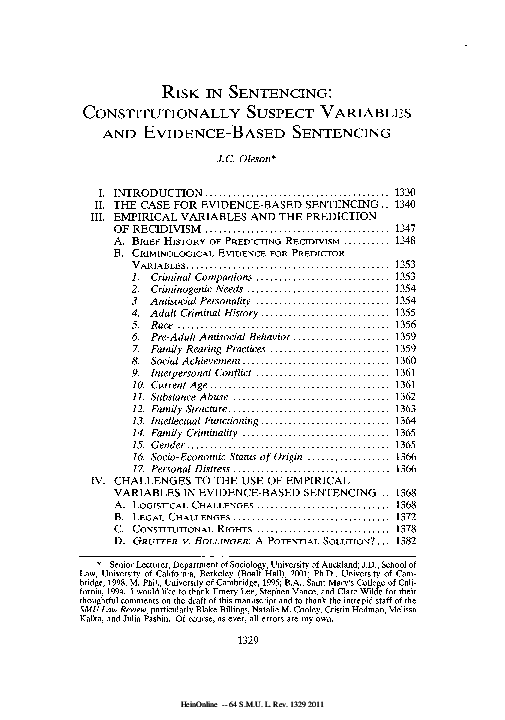 Risk in Sentencing: Constitutionally-Suspect Variables and Evidence ...