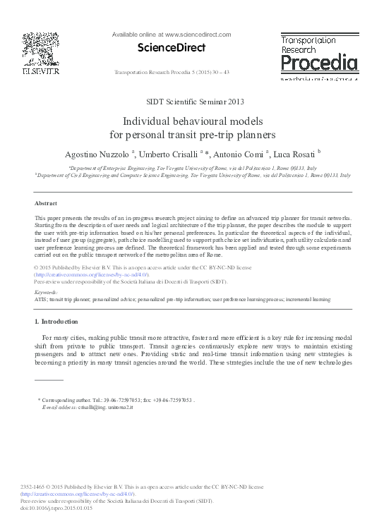 (PDF) Individual behavioural models for personal transit pre-trip planners