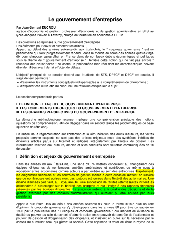 définition de la gouvernance d'entreprise