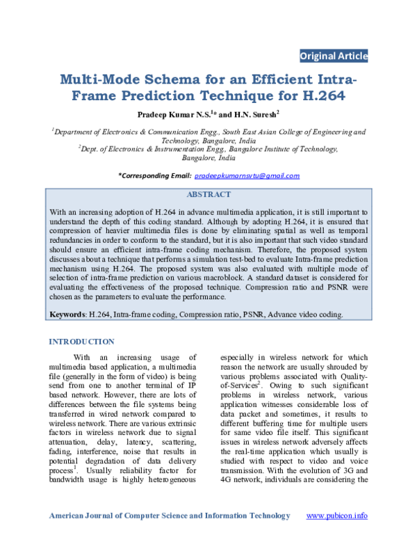 Pdf Multi Mode Schema For An Efficient Intra Frame Prediction Technique For H264