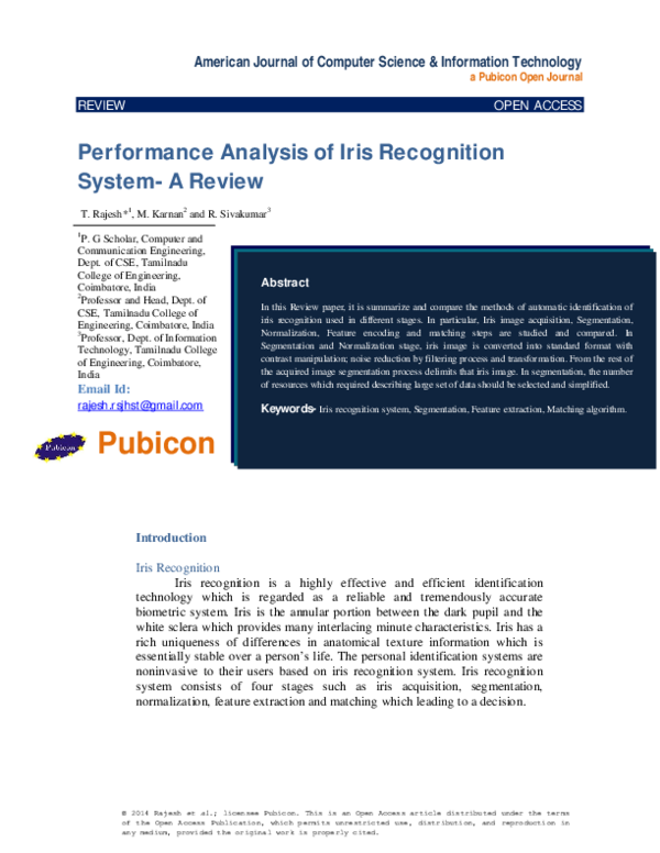 (PDF) Performance Analysis of Iris Recognition System-A Review