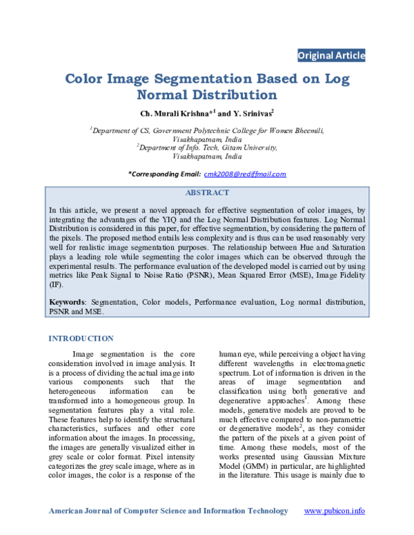 (PDF) Color Image Segmentation Based on Log Normal Distribution