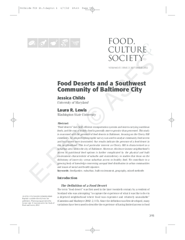 (PDF) Food Deserts and a Southwest Community of Baltimore City