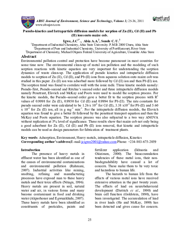 (PDF) Pseudo-kinetics and Intraparticle diffusion models for sorption of Zn (II), Cd (II) and Pb ...
