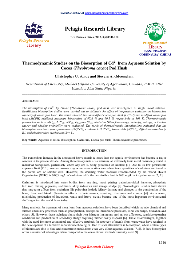 (PDF) Thermodynamic Studies on the Biosorption of Cd2+ from Aqueous Solution by Cocoa (Theobroma ...
