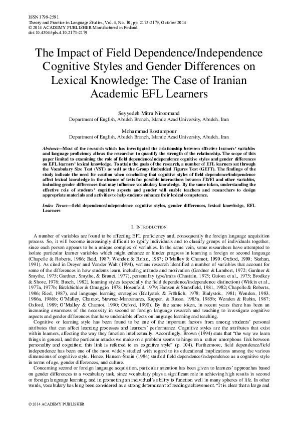 (PDF) The Impact of Field Dependence/Independence Cognitive Styles and ...