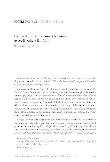 (PDF) Heath Lowry - Oyunu Kurallara Göre Oynamak: Ayşegül Kılıç'a Bir Yanıt