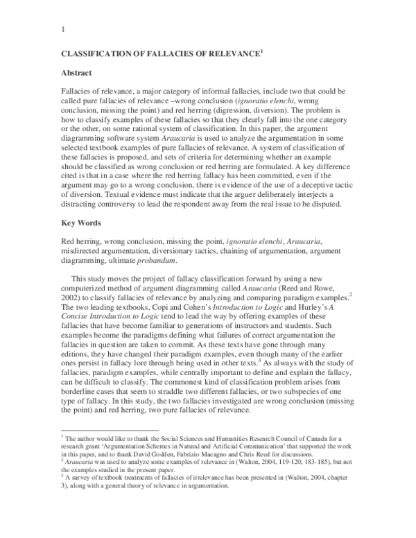 (PDF) Classification of Fallacies of Relevance