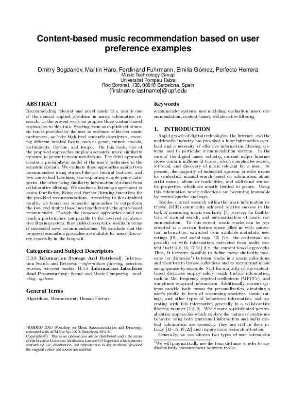 (PDF) Content-based music recommendation based on user preference examples