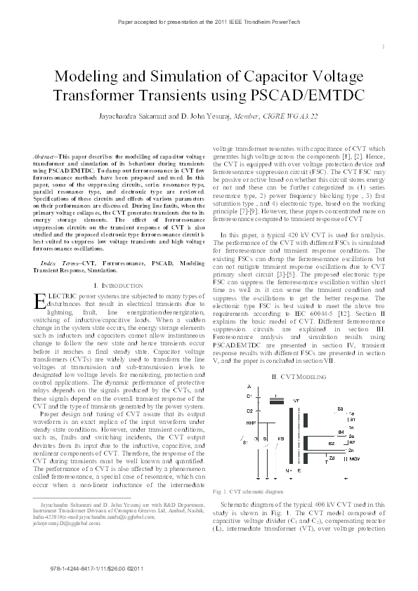 Pdf Modeling And Simulation Of Capacitor Voltage Transformer Transients Using Pscademtdc