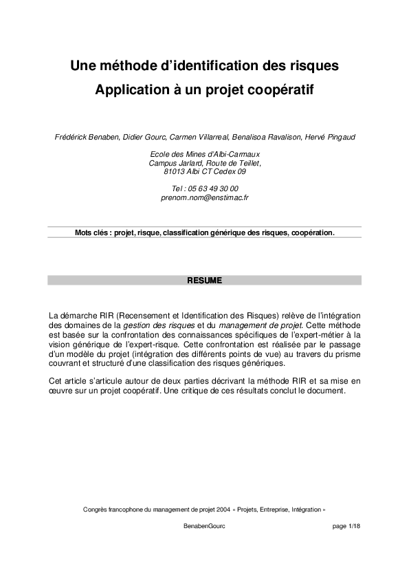(PDF) Une méthode d'identification des risques Application à un projet coopératif