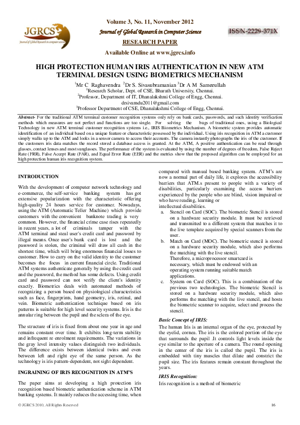 (PDF) HIGH PROTECTION HUMAN IRIS AUTHENTICATION IN NEW ATM TERMINAL DESIGN USING BIOMETRICS ...