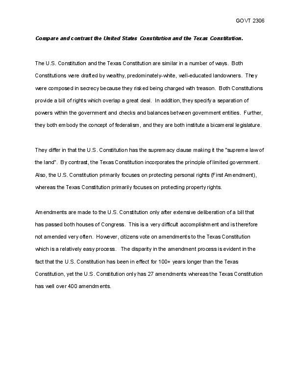 (DOC) Essay GOVT2306 - US constitution vs TX constitution