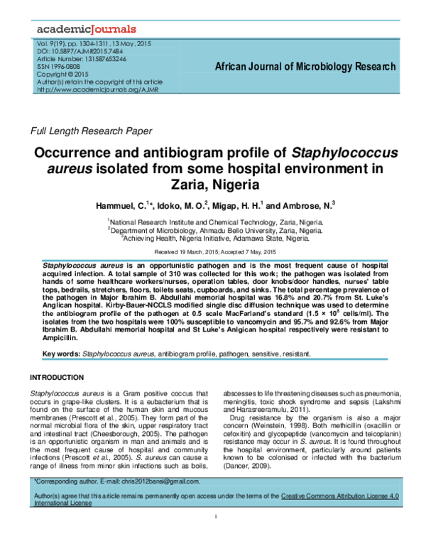 Pdf Occurrence And Antibiogram Profile Of Staphylococcus Aureus Isolated From Some Hospital