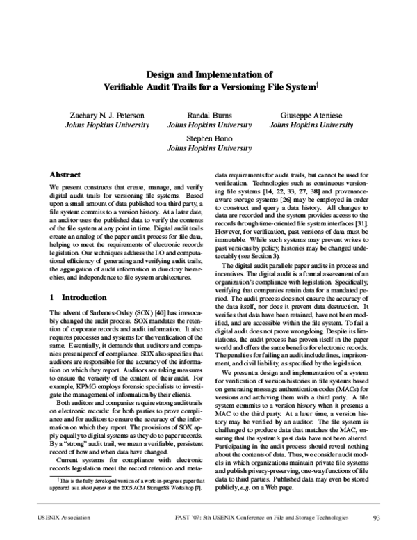Pdf Design And Implementation Of Verifiable Audit Trails For A Versioning File System
