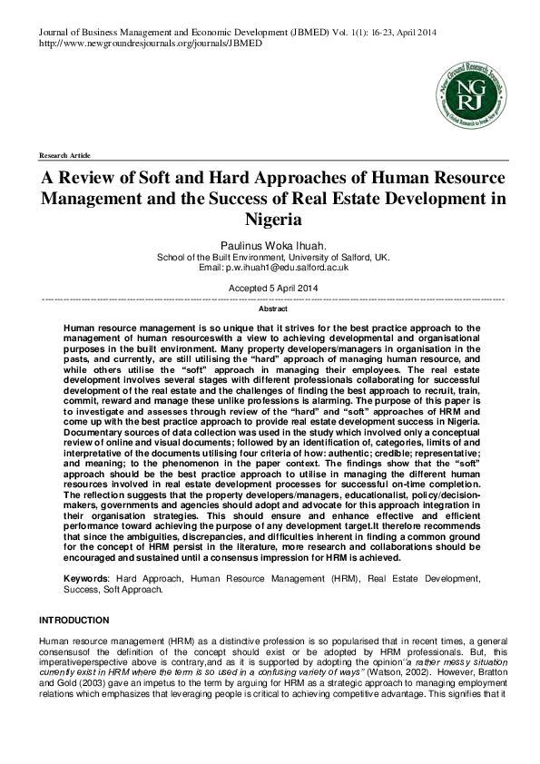 (PDF) A Review of ‘‘Hard’’ and ‘‘Soft’’ Approach of HRM Significance in ...