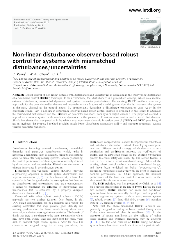 (PDF) Non-linear disturbance observer-based robust control for systems with mismatched ...