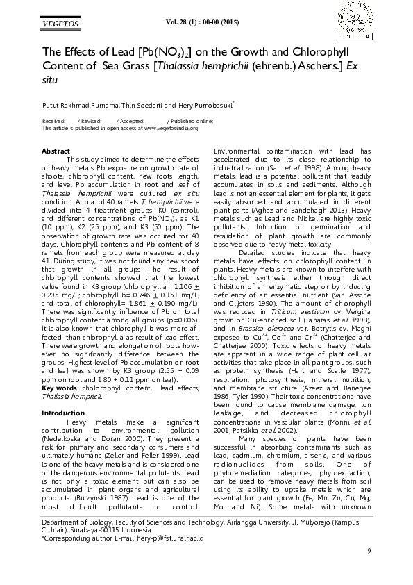 (PDF) The Effects of Lead [Pb(NO 3 ) ] on the Growth and Chlorophyll ...