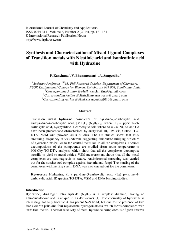 (PDF) Synthesis and Characterization of Mixed Ligand Complexes of Transition metals with ...