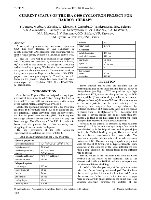 (PDF) CURRENT STATUS OF THE IBA C400 CYCLOTRON PROJECT FOR HADRON THERAPY